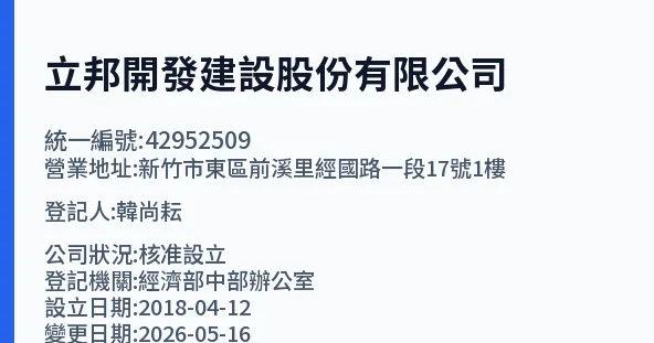 立邦開發建設股份有限公司的照片-統編 42952509(新竹市) 公司登記資料與營業項目詳細圖表