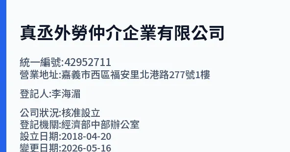 真丞外勞仲介企業有限公司的照片-統編 42952711(嘉義市) 公司登記資料與營業項目詳細圖表