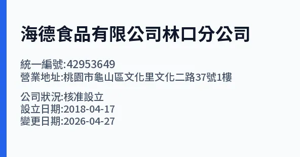 海德食品有限公司林口分公司的照片-統編 42953649(桃園市) 公司登記資料與營業項目詳細圖表