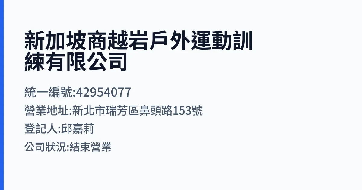 新加坡商越岩戶外運動訓練有限公司 - 統編 42954077(新北市) 公司登記資料與營業項目詳細圖表