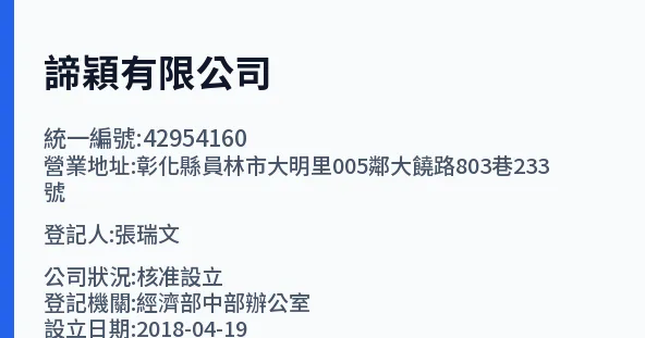 諦穎有限公司的照片-統編 42954160(彰化縣) 公司登記資料與營業項目詳細圖表