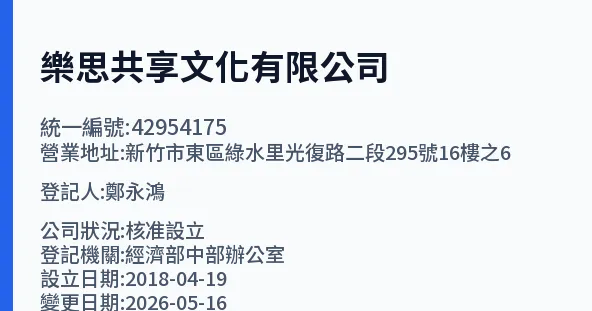 樂思共享文化有限公司的照片-統編 42954175(新竹市) 公司登記資料與營業項目詳細圖表