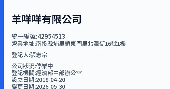 羊咩咩有限公司的照片-統編 42954513(南投縣) 公司登記資料與營業項目詳細圖表