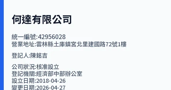 何達有限公司的照片-統編 42956028(雲林縣) 公司登記資料與營業項目詳細圖表