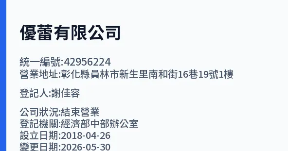 優蕾有限公司的照片-統編 42956224(彰化縣) 公司登記資料與營業項目詳細圖表