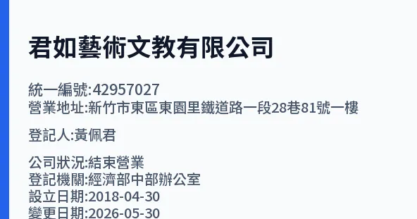 君如藝術文教有限公司的照片-統編 42957027(新竹市) 公司登記資料與營業項目詳細圖表