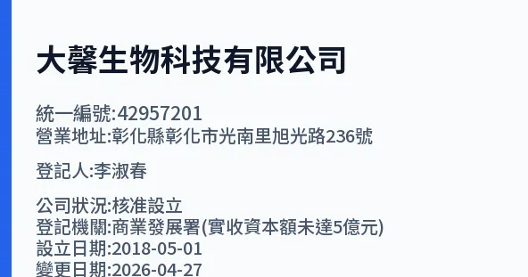 大馨生物科技有限公司的照片-統編 42957201(彰化縣) 公司登記資料與營業項目詳細圖表