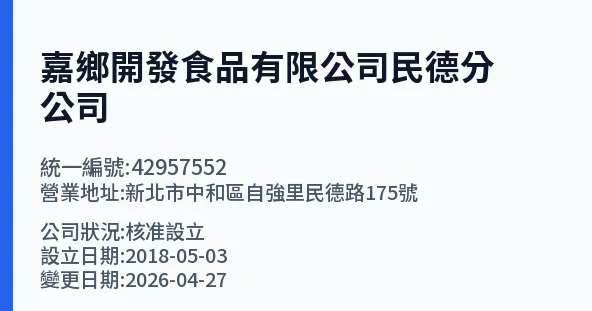 嘉鄉開發食品有限公司民德分公司的照片-統編 42957552(新北市) 公司登記資料與營業項目詳細圖表