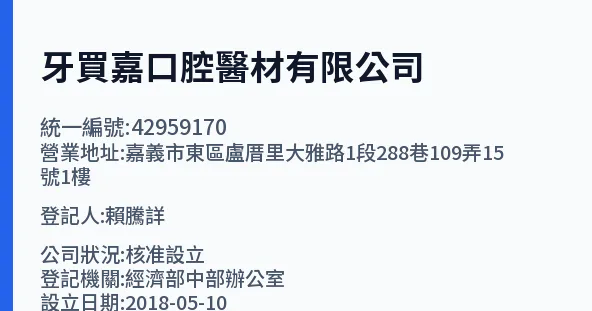 牙買嘉口腔醫材有限公司的照片-統編 42959170(嘉義市) 公司登記資料與營業項目詳細圖表