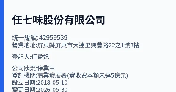 任七味股份有限公司的照片-統編 42959539(屏東縣) 公司登記資料與營業項目詳細圖表