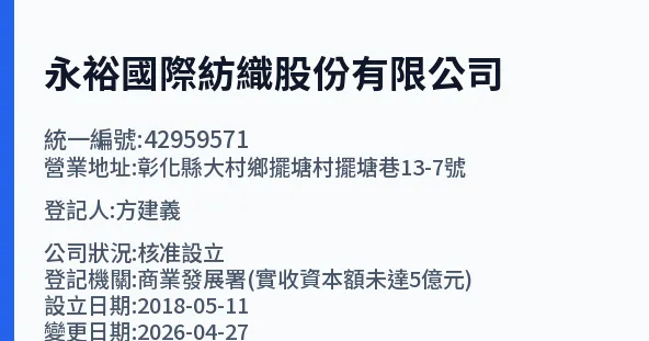 永裕國際紡織股份有限公司的照片-統編 42959571(彰化縣) 公司登記資料與營業項目詳細圖表