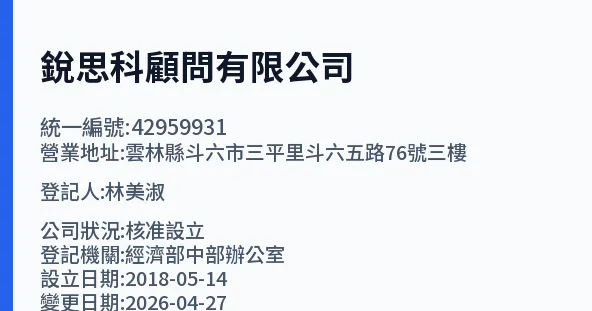 銳思科顧問有限公司的照片-統編 42959931(雲林縣) 公司登記資料與營業項目詳細圖表