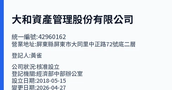 大和資產管理股份有限公司的照片-統編 42960162(屏東縣) 公司登記資料與營業項目詳細圖表