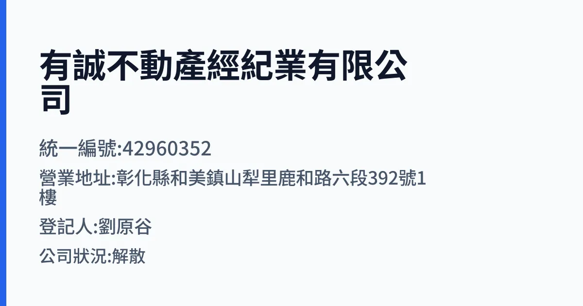有誠不動產經紀業有限公司 - 統編 42960352(彰化縣) 公司登記資料與營業項目詳細圖表