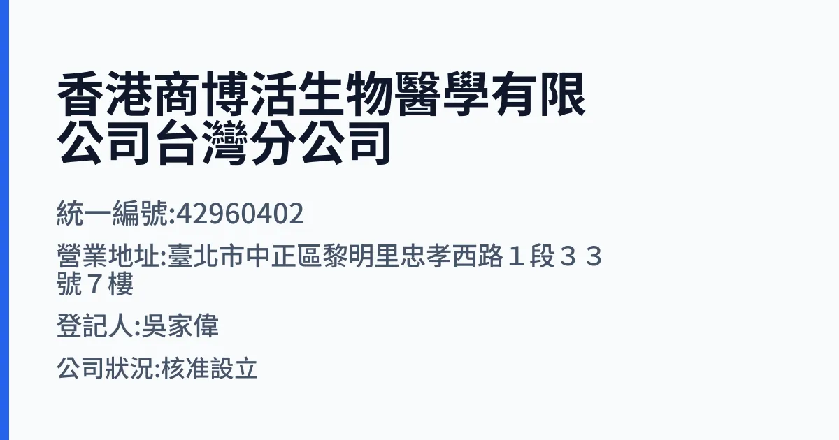 香港商博活生物醫學有限公司台灣分公司 - 統編 42960402(臺北市) 公司登記資料與營業項目詳細圖表