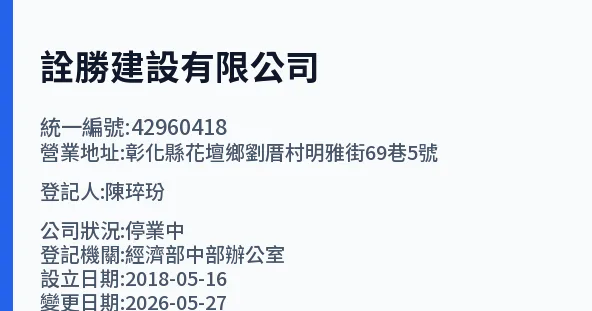 詮勝建設有限公司的照片-統編 42960418(彰化縣) 公司登記資料與營業項目詳細圖表