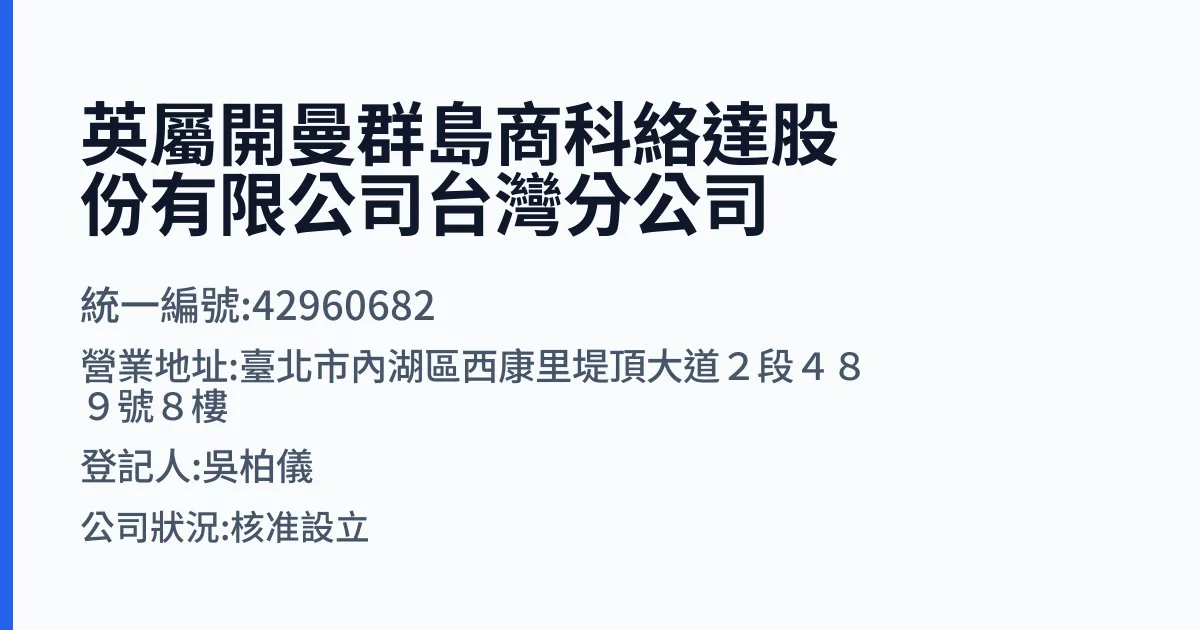 英屬開曼群島商科絡達股份有限公司台灣分公司 - 統編 42960682(臺北市) 公司登記資料與營業項目詳細圖表