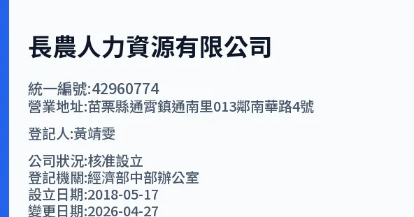 長農人力資源有限公司的照片-統編 42960774(苗栗縣) 公司登記資料與營業項目詳細圖表