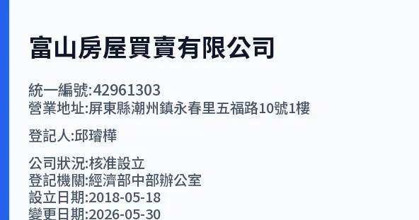 富山房屋買賣有限公司的照片-統編 42961303(屏東縣) 公司登記資料與營業項目詳細圖表
