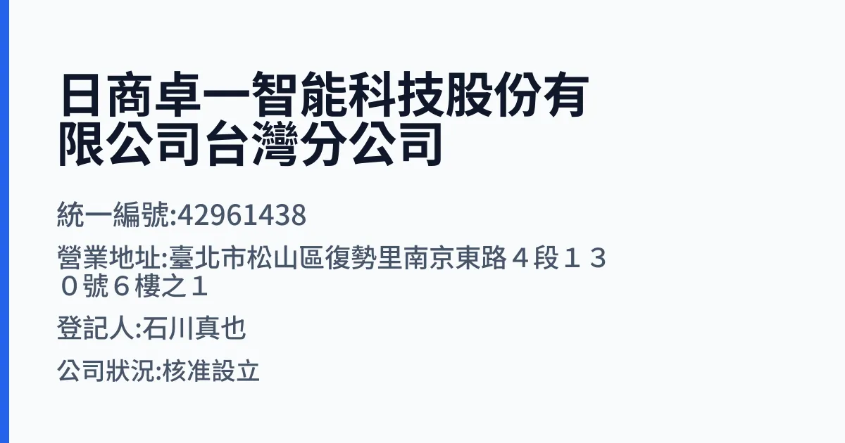 日商卓一智能科技股份有限公司台灣分公司 - 統編 42961438(臺北市) 公司登記資料與營業項目詳細圖表
