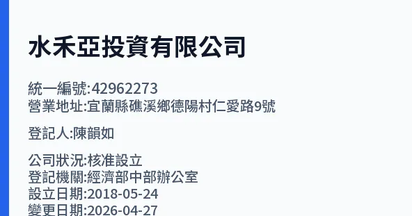 水禾亞投資有限公司的照片-統編 42962273(宜蘭縣) 公司登記資料與營業項目詳細圖表