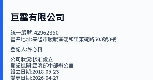 巨霆有限公司的照片-統編 42962350(基隆市) 公司登記資料與營業項目詳細圖表
