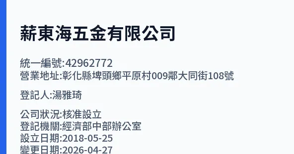 薪東海五金有限公司的照片-統編 42962772(彰化縣) 公司登記資料與營業項目詳細圖表