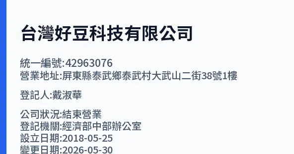 台灣好豆科技有限公司的照片-統編 42963076(屏東縣) 公司登記資料與營業項目詳細圖表