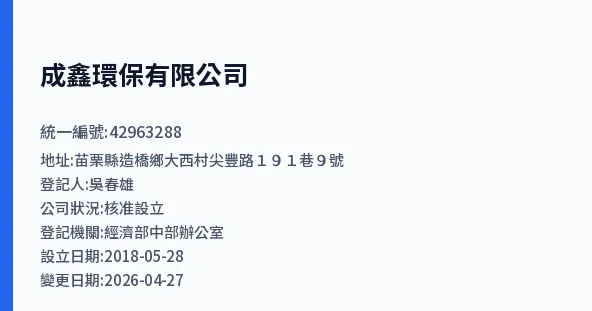 成鑫環保有限公司的照片-統編 42963288(苗栗縣) 公司登記資料與營業項目詳細圖表