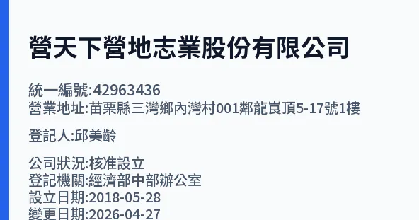 營天下營地志業股份有限公司的照片-統編 42963436(苗栗縣) 公司登記資料與營業項目詳細圖表