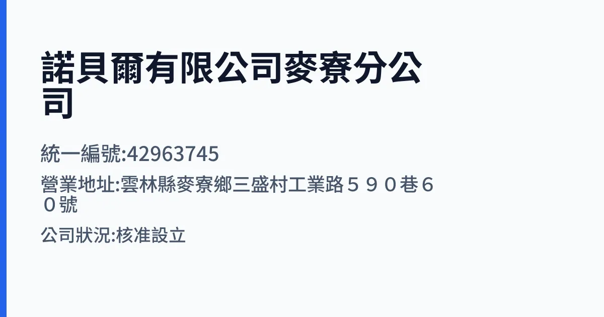 諾貝爾有限公司麥寮分公司 - 統編 42963745(雲林縣) 公司登記資料與營業項目詳細圖表