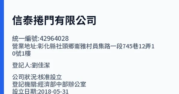 信泰捲門有限公司的照片-統編 42964028(彰化縣) 公司登記資料與營業項目詳細圖表