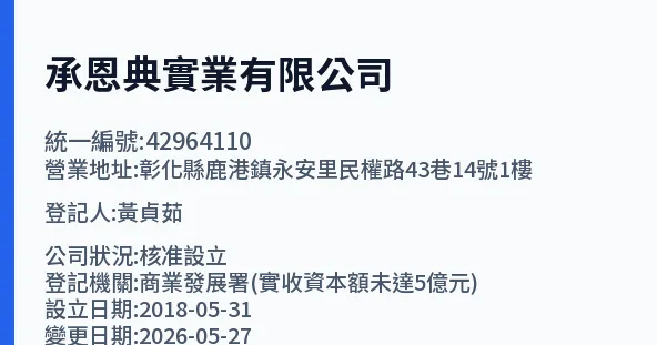 承恩典實業有限公司的照片-統編 42964110(彰化縣) 公司登記資料與營業項目詳細圖表