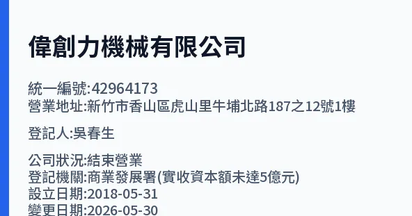 偉創力機械有限公司的照片-統編 42964173(新竹市) 公司登記資料與營業項目詳細圖表