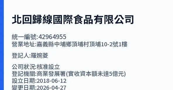 北回歸線國際食品有限公司的照片-統編 42964955(嘉義縣) 公司登記資料與營業項目詳細圖表
