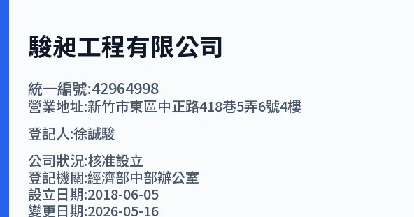 駿昶工程有限公司的照片-統編 42964998(新竹市) 公司登記資料與營業項目詳細圖表