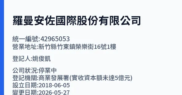 羅曼安佐國際股份有限公司的照片-統編 42965053(新竹縣) 公司登記資料與營業項目詳細圖表