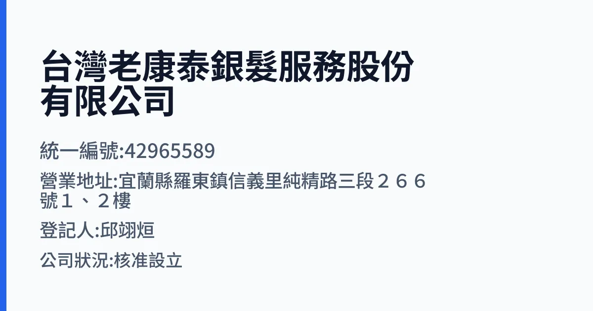 台灣老康泰銀髮服務股份有限公司 - 統編 42965589(宜蘭縣) 公司登記資料與營業項目詳細圖表