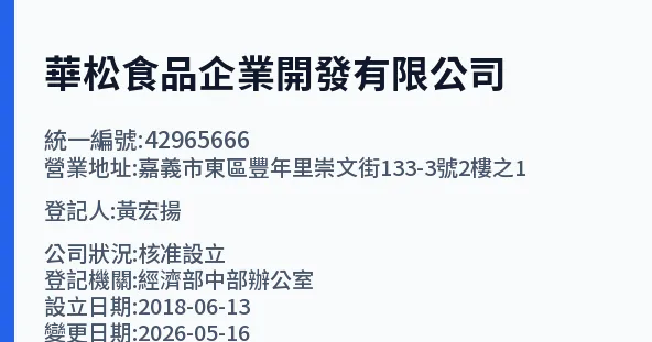 華松食品企業開發有限公司的照片-統編 42965666(嘉義市) 公司登記資料與營業項目詳細圖表