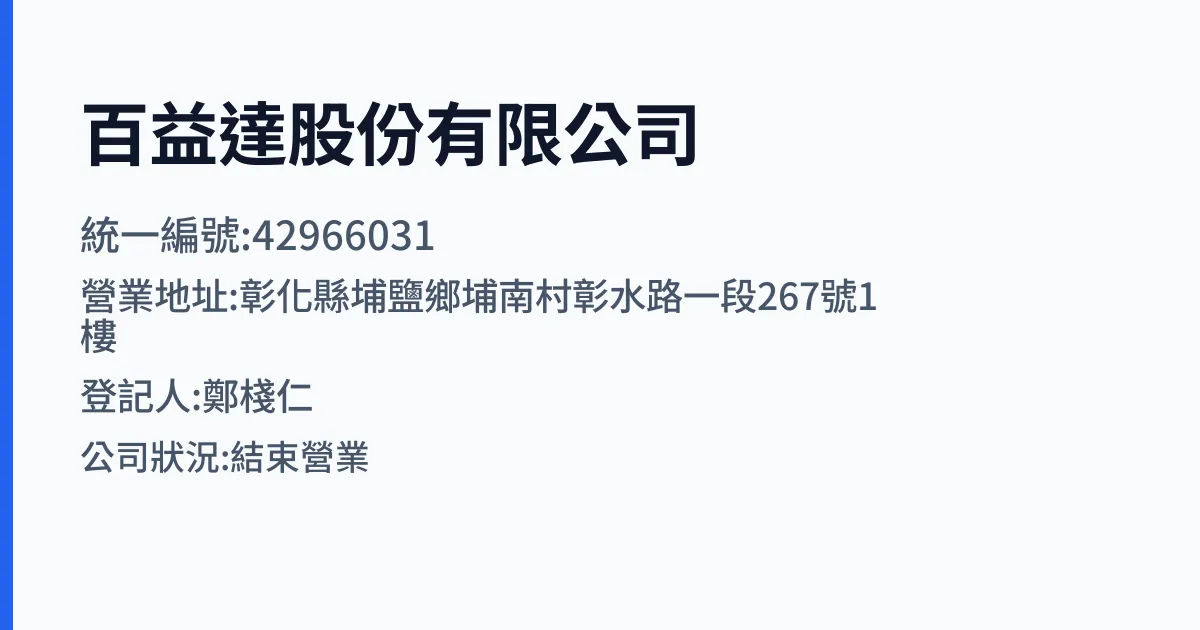 百益達股份有限公司 - 統編 42966031(彰化縣) 公司登記資料與營業項目詳細圖表