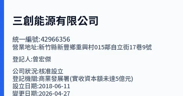 三創能源有限公司的照片-統編 42966356(新竹縣) 公司登記資料與營業項目詳細圖表