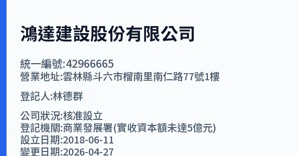 鴻達建設股份有限公司的照片-統編 42966665(雲林縣) 公司登記資料與營業項目詳細圖表