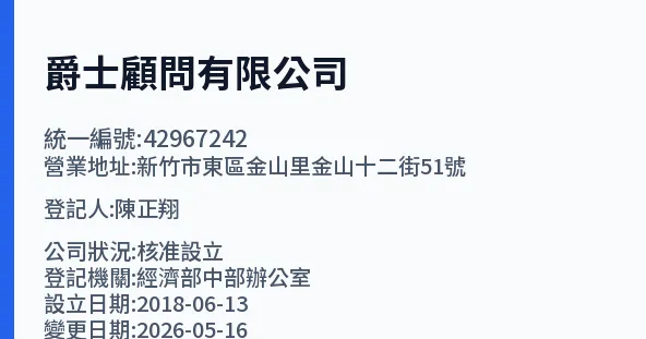 爵士顧問有限公司的照片-統編 42967242(新竹市) 公司登記資料與營業項目詳細圖表