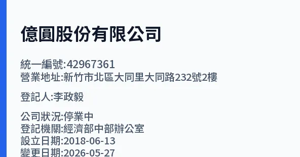 億圓股份有限公司的照片-統編 42967361(新竹市) 公司登記資料與營業項目詳細圖表