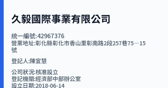 久毅國際事業有限公司的照片-統編 42967376(彰化縣) 公司登記資料與營業項目詳細圖表