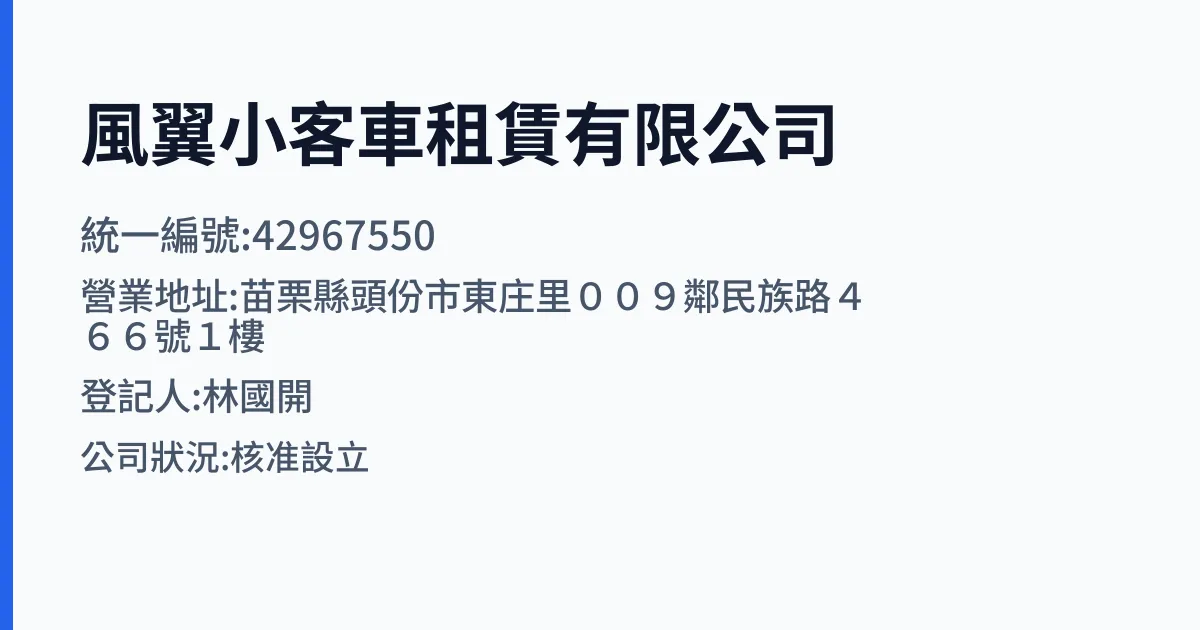 風翼小客車租賃有限公司 - 統編 42967550(苗栗縣) 公司登記資料與營業項目詳細圖表