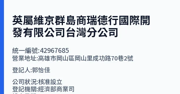 英屬維京群島商瑞德行國際開發有限公司台灣分公司的照片-統編 42967685(高雄市) 公司登記資料與營業項目詳細圖表