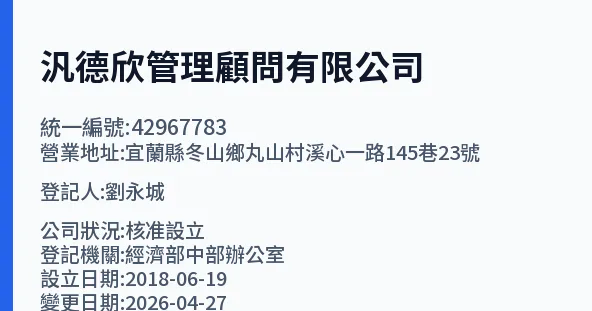 汎德欣管理顧問有限公司的照片-統編 42967783(宜蘭縣) 公司登記資料與營業項目詳細圖表