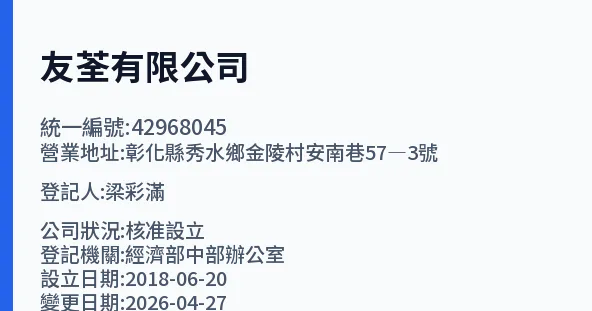 友荃有限公司的照片-統編 42968045(彰化縣) 公司登記資料與營業項目詳細圖表