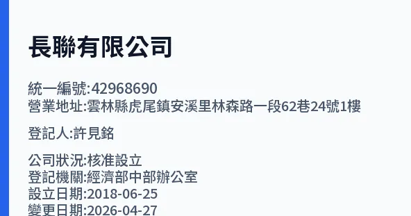 長聯有限公司的照片-統編 42968690(雲林縣) 公司登記資料與營業項目詳細圖表
